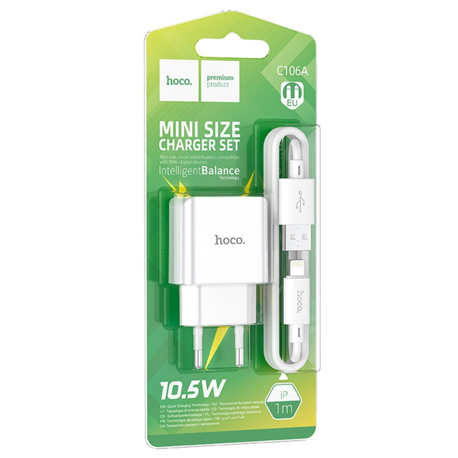Сетевая зарядка USB Hoco C106A, 5V/ 2.1A, с кабелем Lightninig, 1м, белый
