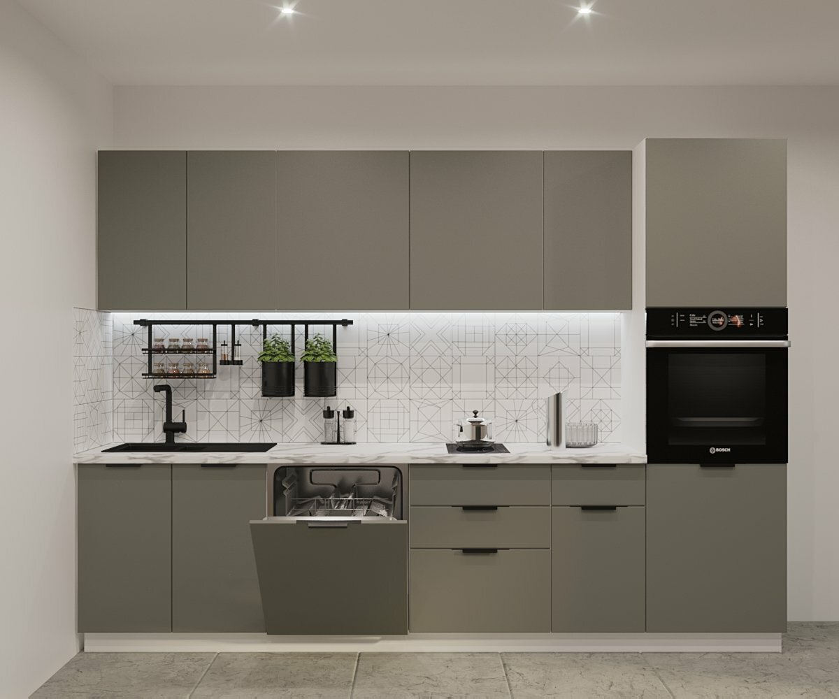 Кухонный гарнитур Фаска Обсидиан, 3000 мм, с пеналом для бытовой техники