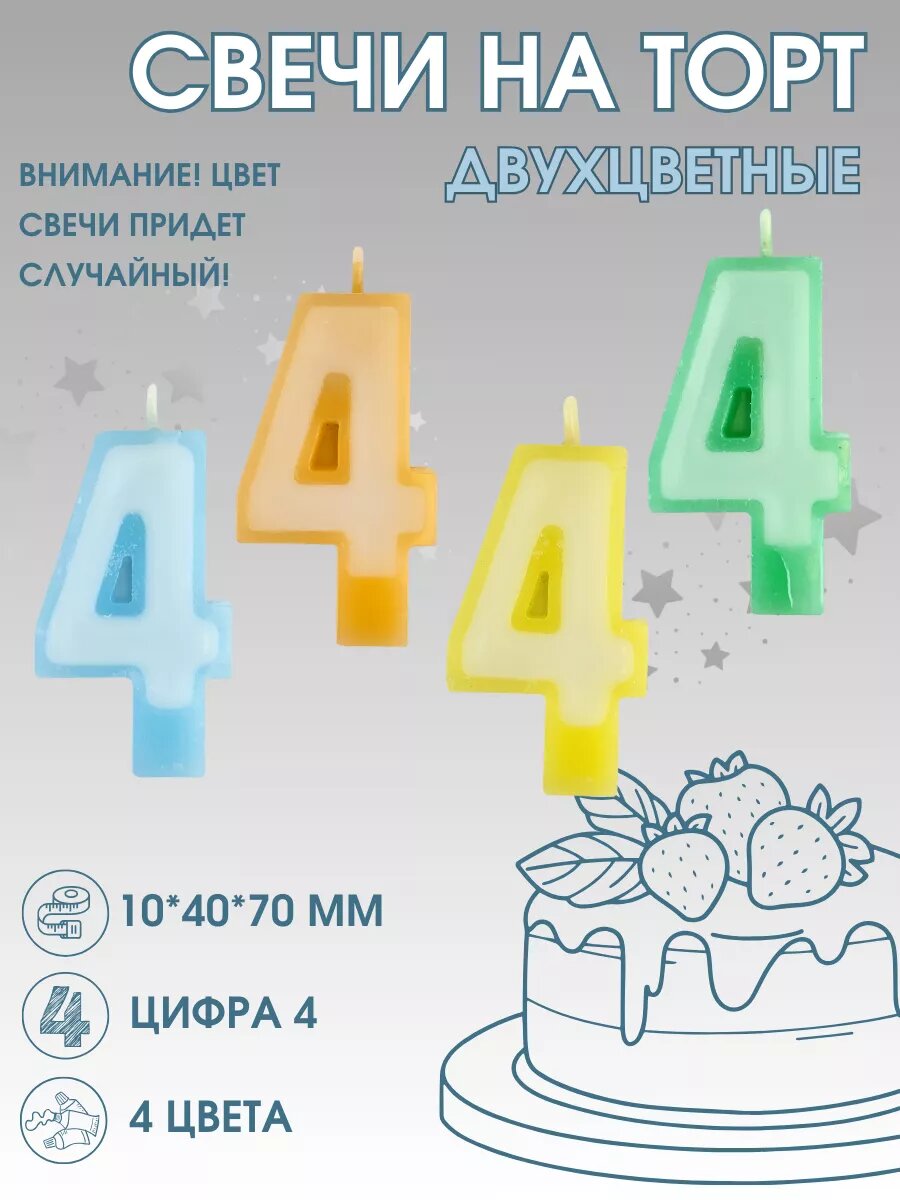 Свеча для торта CHAMELEON "Цифра 4", двухцветная, 7 см, парафин