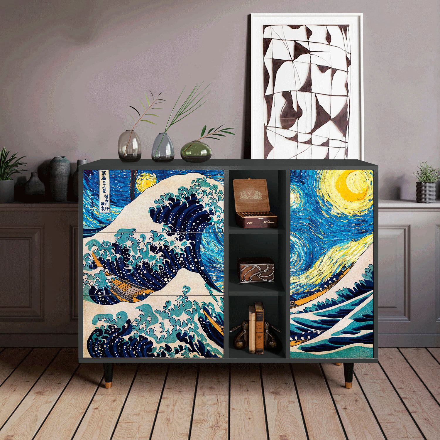 Комод - STORYZ - BS2 The Great Wave off Kanagawa by Hokusai, Разер - 125 x 97 x 48 см , Цвет корпуса - Антрацит