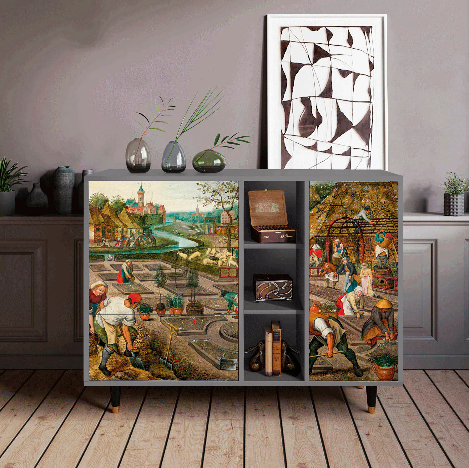 Комод - STORYZ - BS2 The Younger - Spring by Pieter Brueghel , Разер - 125 x 97 x 48 см , Цвет корпуса - Серый