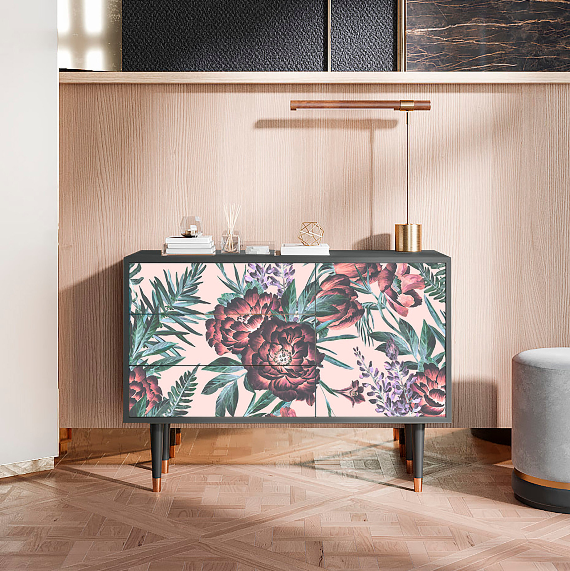 Комод - STORYZ - S3 Peach Peonies, Размер - 115 x 84 x 41 см, Цвет корпуса - , Антрацит