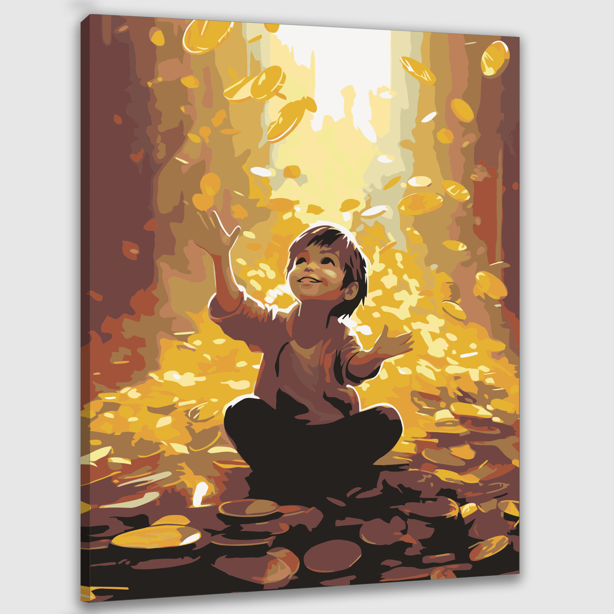 Картина по номерам 40x50 см, ребенок, игра, золотые монеты, подбрасывание, солнце, блеск, богатство, чудо, радость