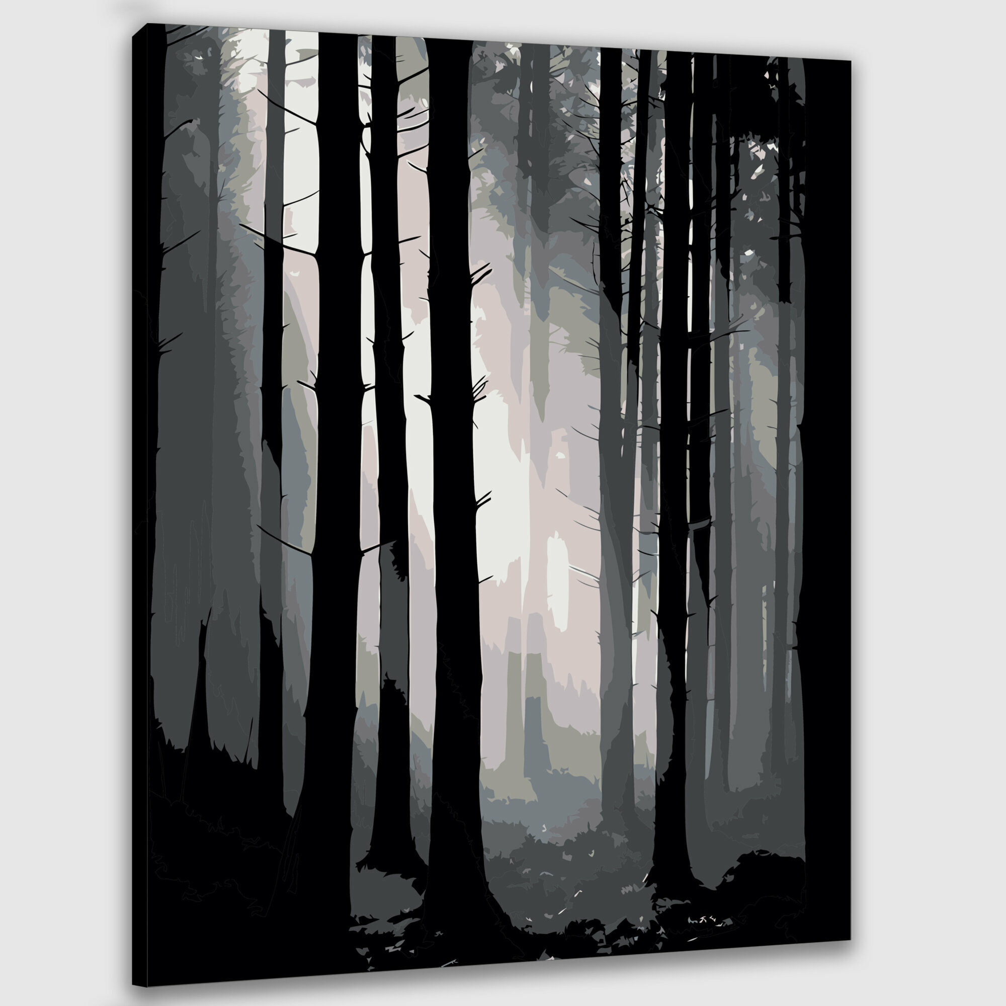 Картина по номерам 40x50 см, черно-белая фотография, лес, деревья, тишина, утренний туман, монохромная палитра, тени