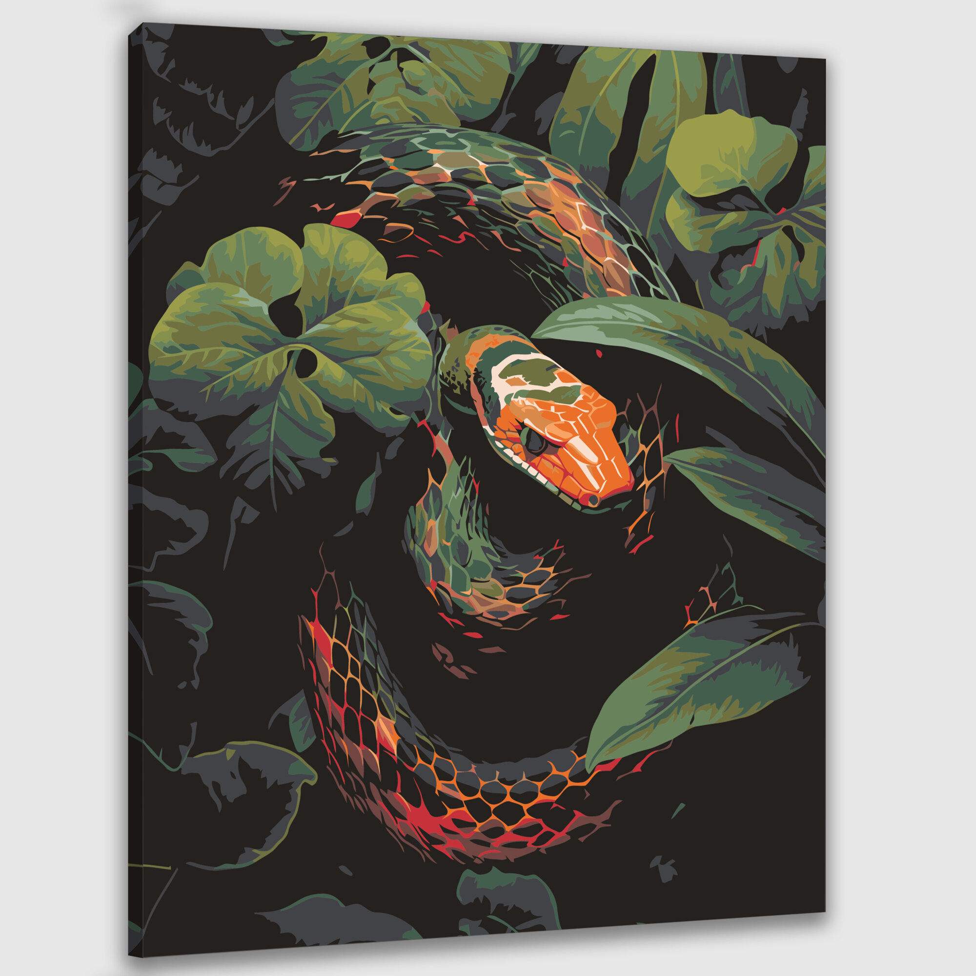 Картина по номерам 40x50 см, змея, ядовитая, тропический лес, яркая чешуя, оранжевый, черный узор, зеленая листва