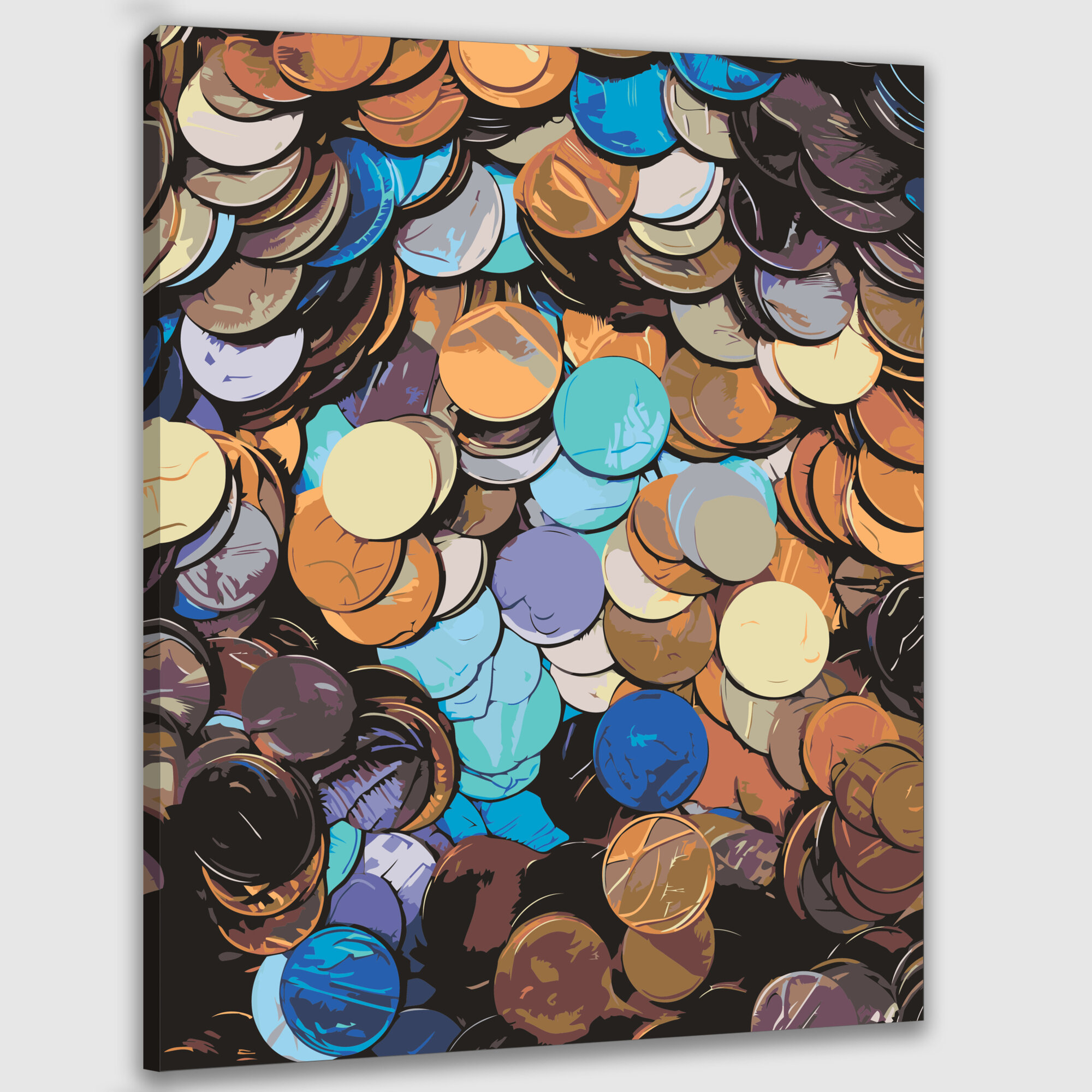 Картина по номерам 40x50 см, монеты, высокое разрешение, крупный план, яркие цвета, раскрашенные монеты