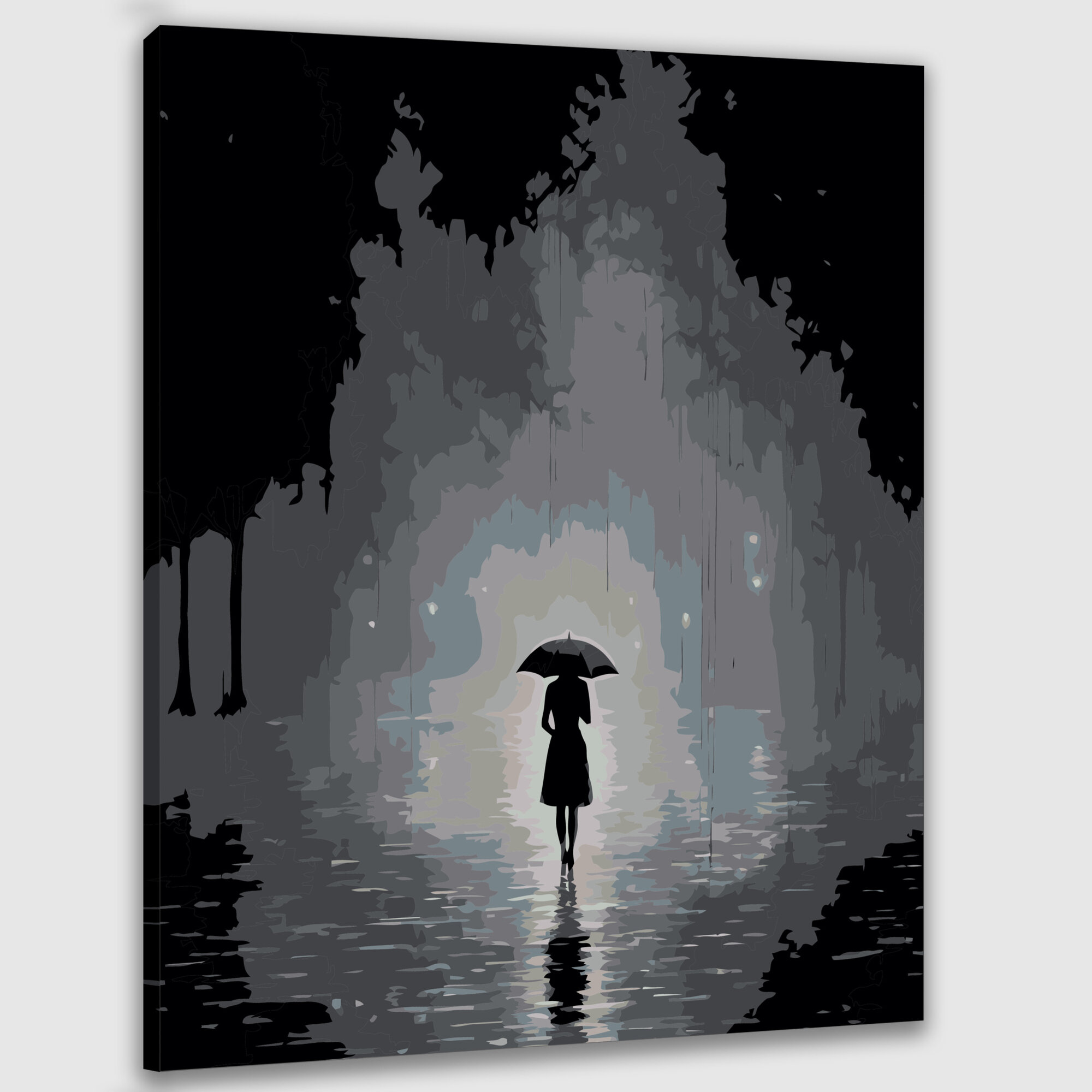 Картина по номерам 40x50 см, картина, масло, фигура, дождь, зонтик, ливень, капли, одежда, темная, туманная атмосфера