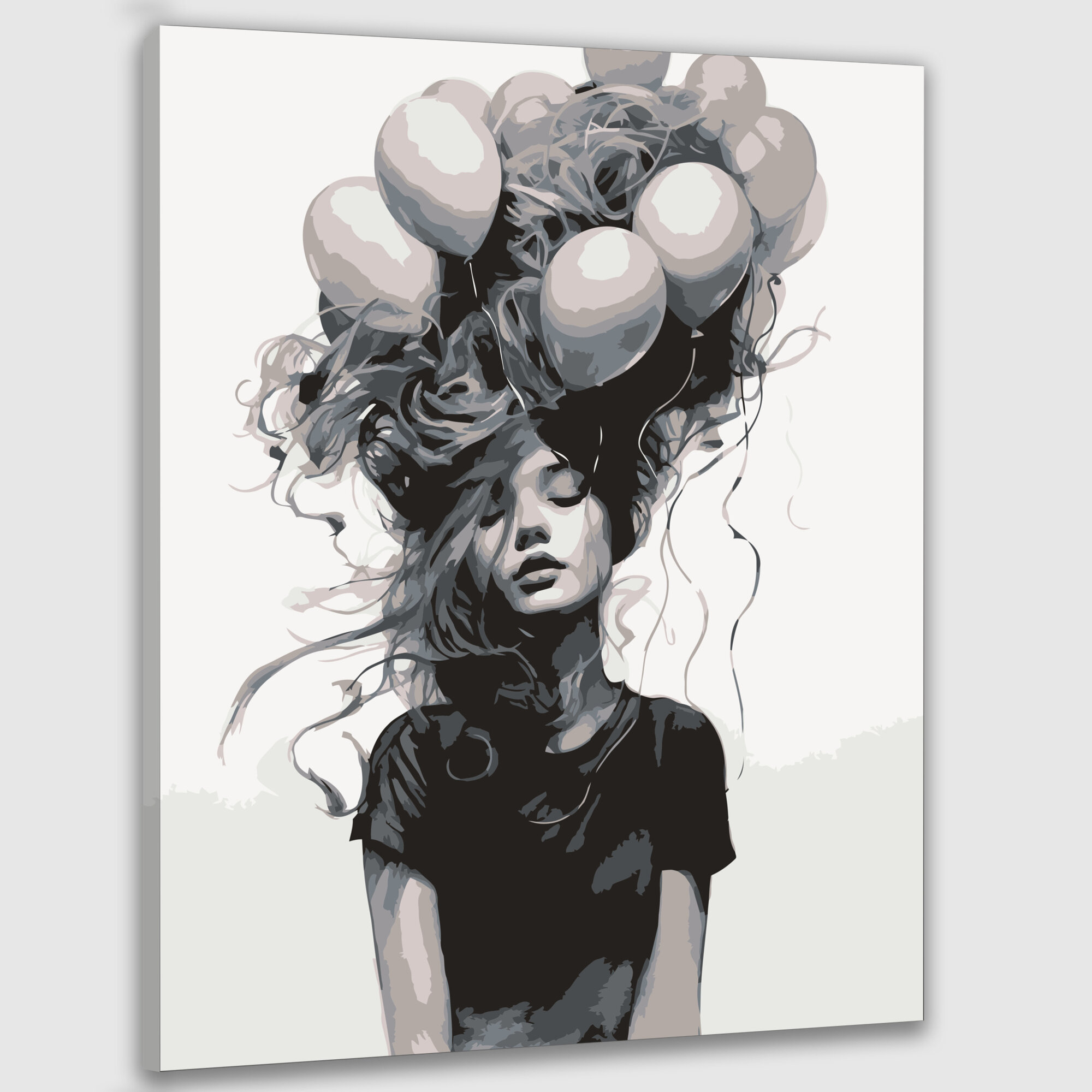 Картина по номерам 40x50 см, набросок, уголь, девушка, голова, воздушные шарики, эмоции, мысли, сложности разума