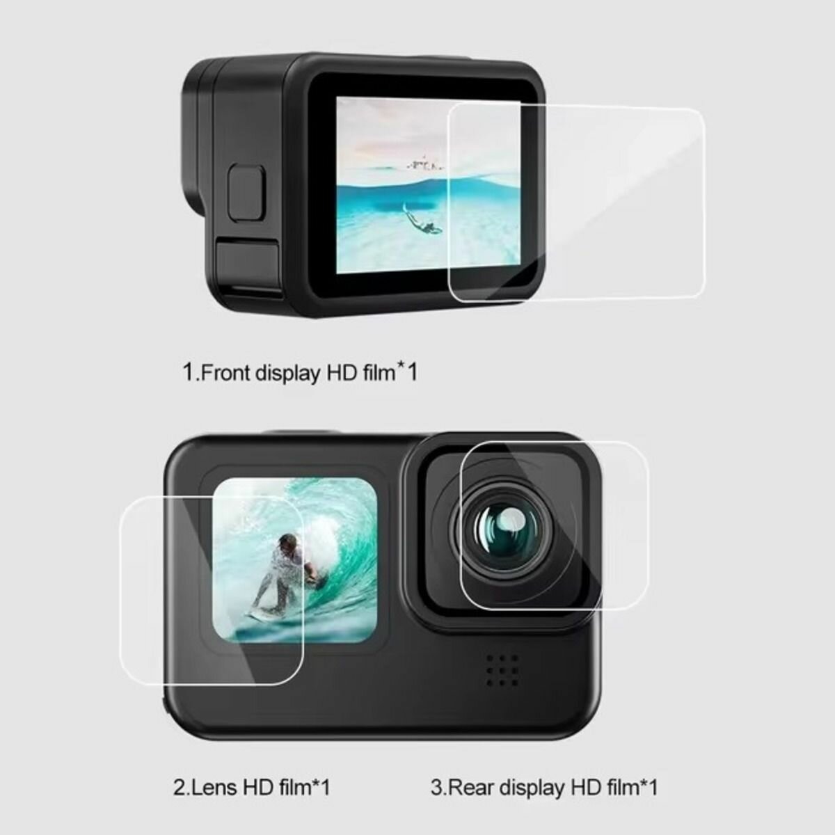 Стекла защитные GoPro 13 на линзу и экраны, соответствуют размерам камеры