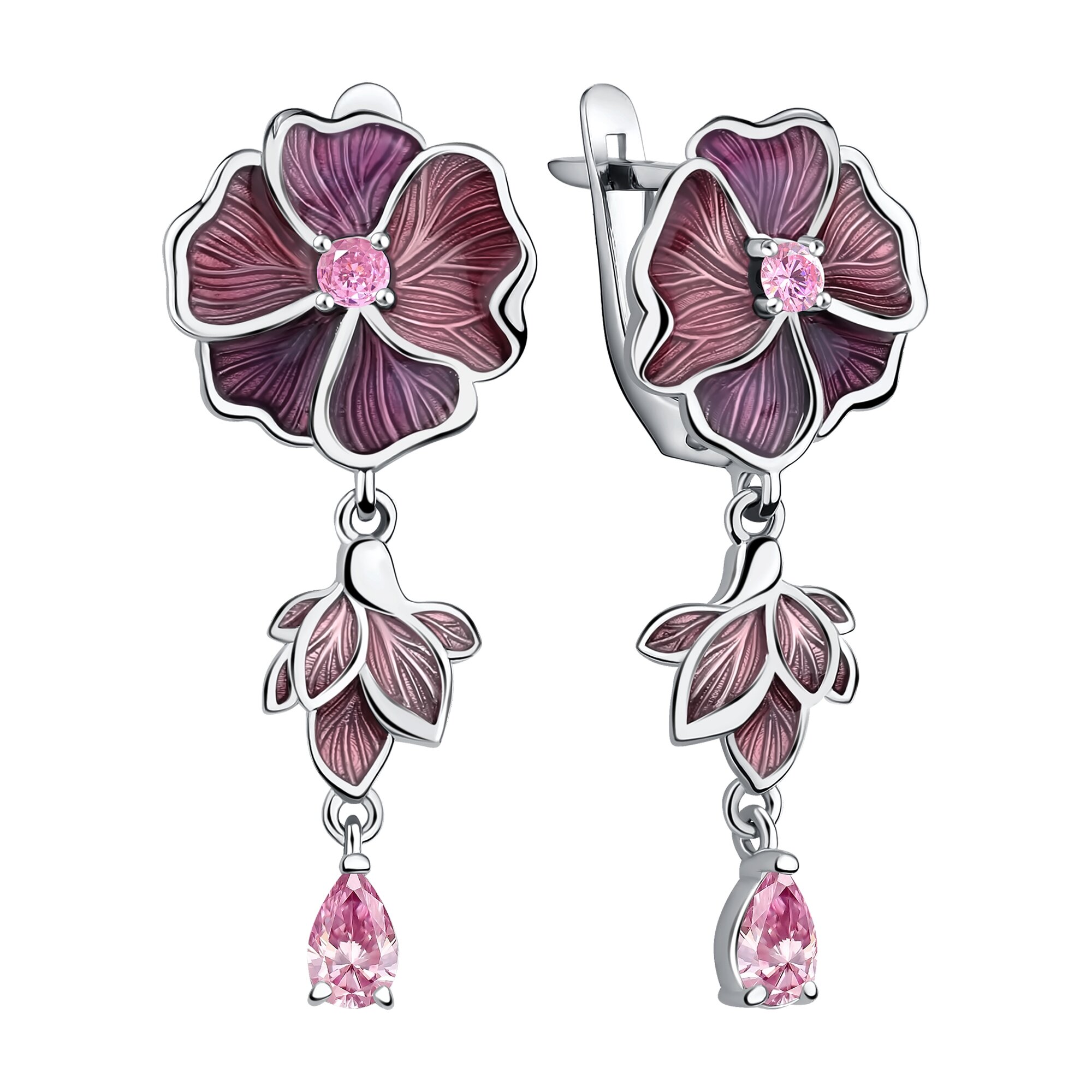 Серьги, серебро, 925 проба, родирование, эмаль, фианит