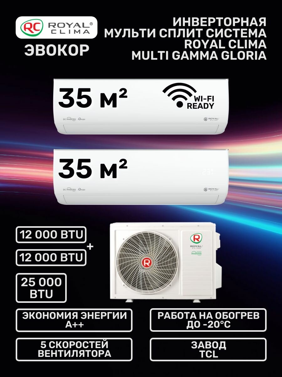 Инверторная мульти сплит-система ROYAL CLIMA MULTI GAMMA GLORIA на 2 комнаты (35м2 + 35м2) 3TFM-25HN/OUT + 2* RCI-GLF12HN_noWF