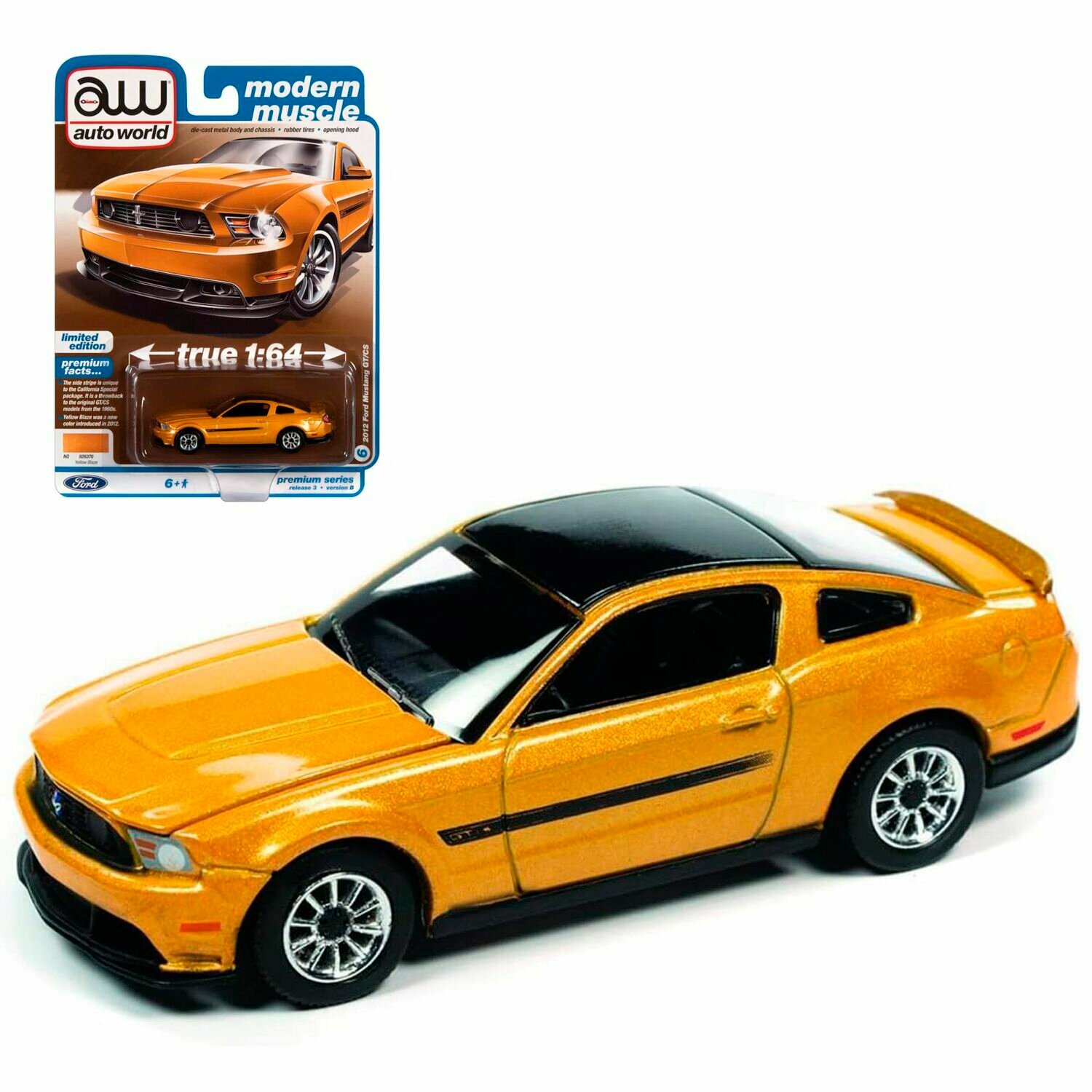 Машинка литая коллекционная Auto World - Die-Cast модель 2012 Ford Mustang GT/CS - желтый, масштаб 1:64, серия Modern Muscle, AW64372-R3VB-N6
