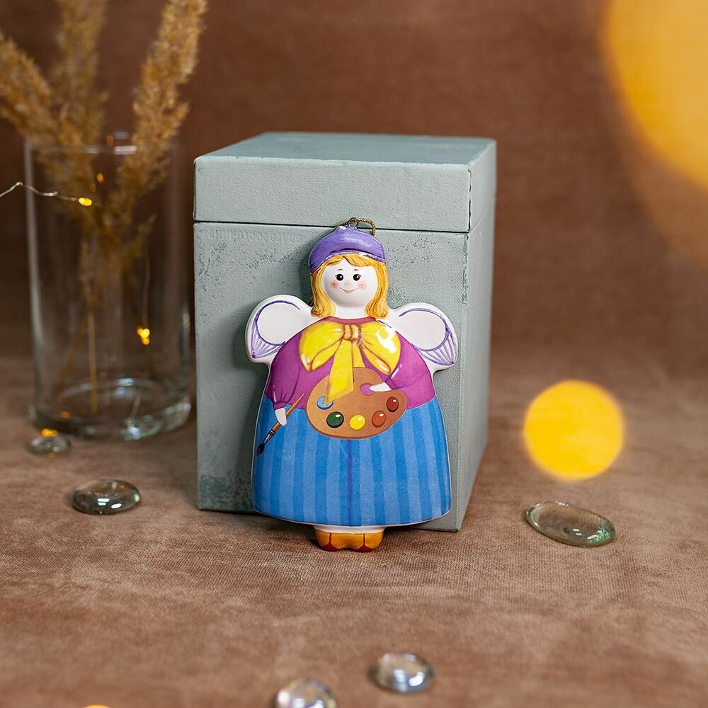 Елочная игрушка "Ангел плоский художник" Ярославская керамическая мануфактура, ручная работа