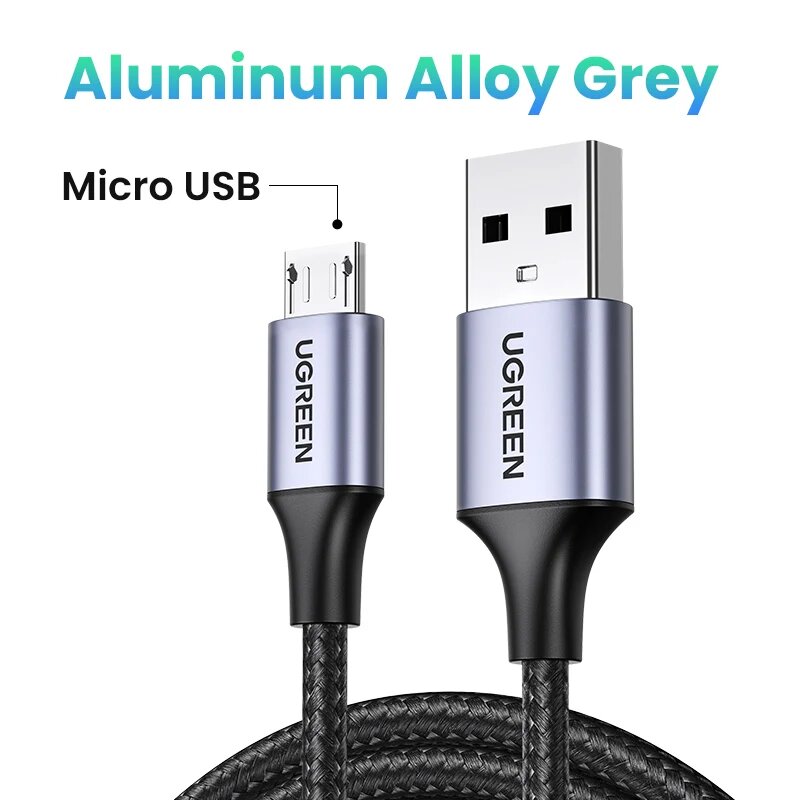 Ugreen Micro USB-кабель 2A Нейлоновый кабель для быстрой зарядки USB типа C для Samsung Xiaomi HTC USB-зарядное устройство Кабель для передачи данных Кабель для мобильного телефона, Micro USB Grey, 2m