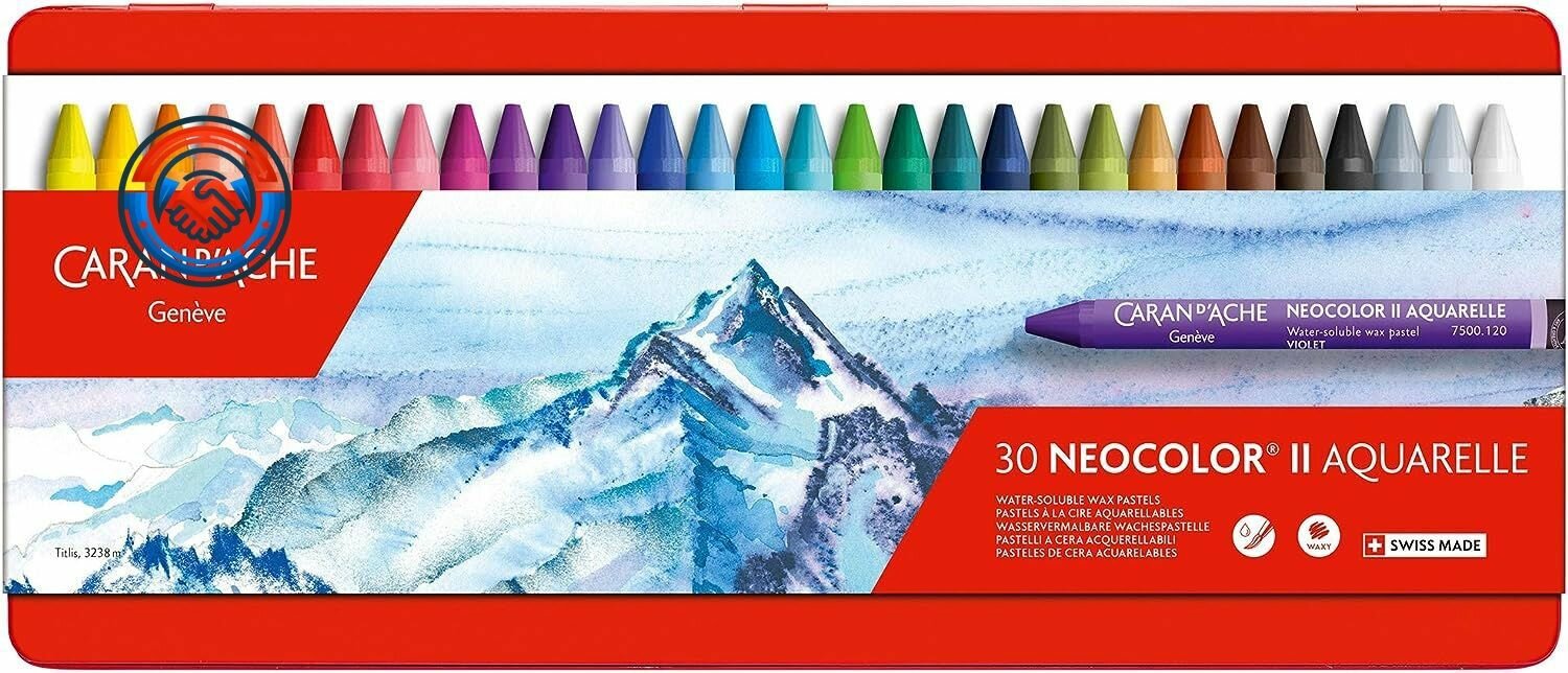 Акварельные мелки Caran d'Ache Neocolor II, 30 водорастворимых цветов, восково-масляная пастель для рисования на бумаге, стекле, ткани и дереве, художественный набор для сухой и влажной техники
