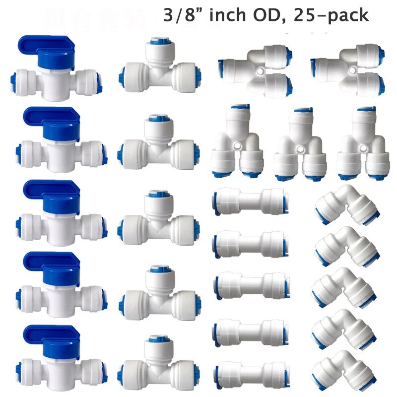 Внешний диаметр 1/4 дюйма 3/8 дюйма. Быстроразъемный вставной комплект фитингов для водяной трубки RO, прямой тройник, колено шарового крана 10. 25 упаковки