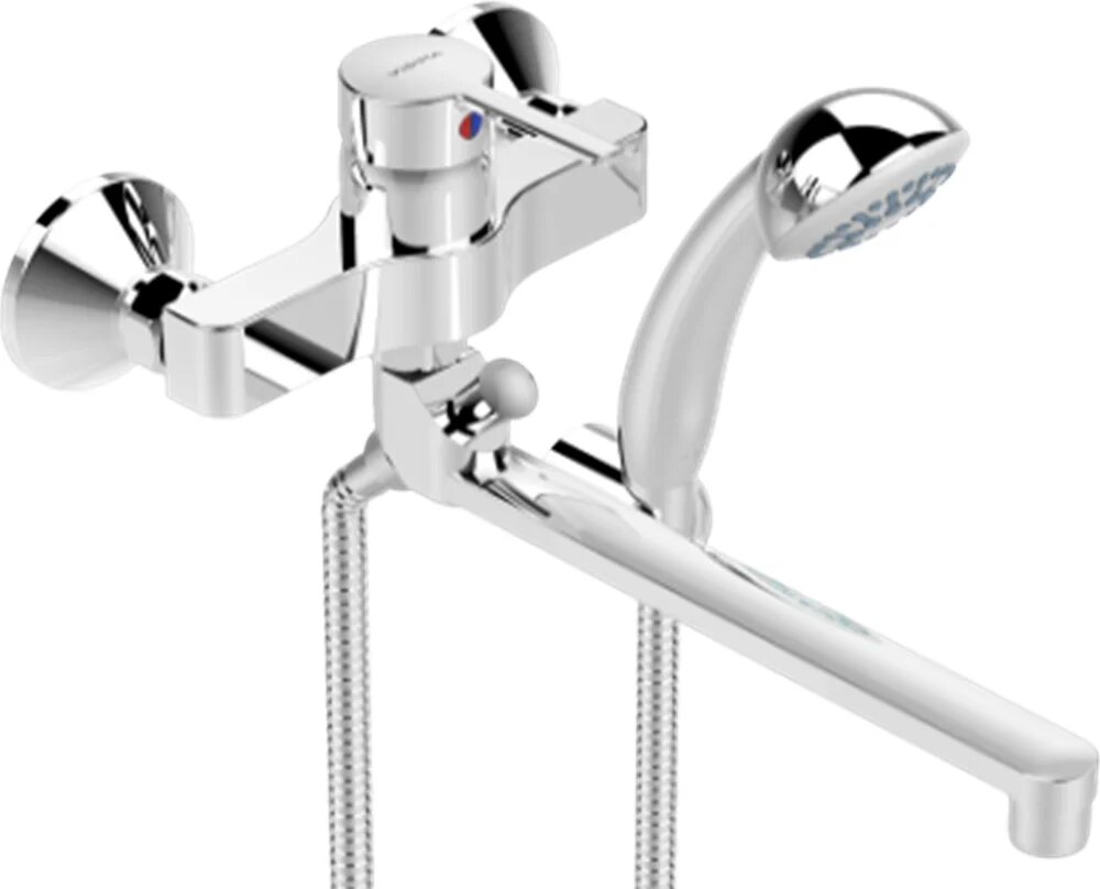Смеситель с длинным изливом для ванны Vidima Logik BA280AA с душевым гарнитуром, поворотный, латунный, хром, глянцевый, смеситель для ванны с душем, рычажный, с настенным держателем