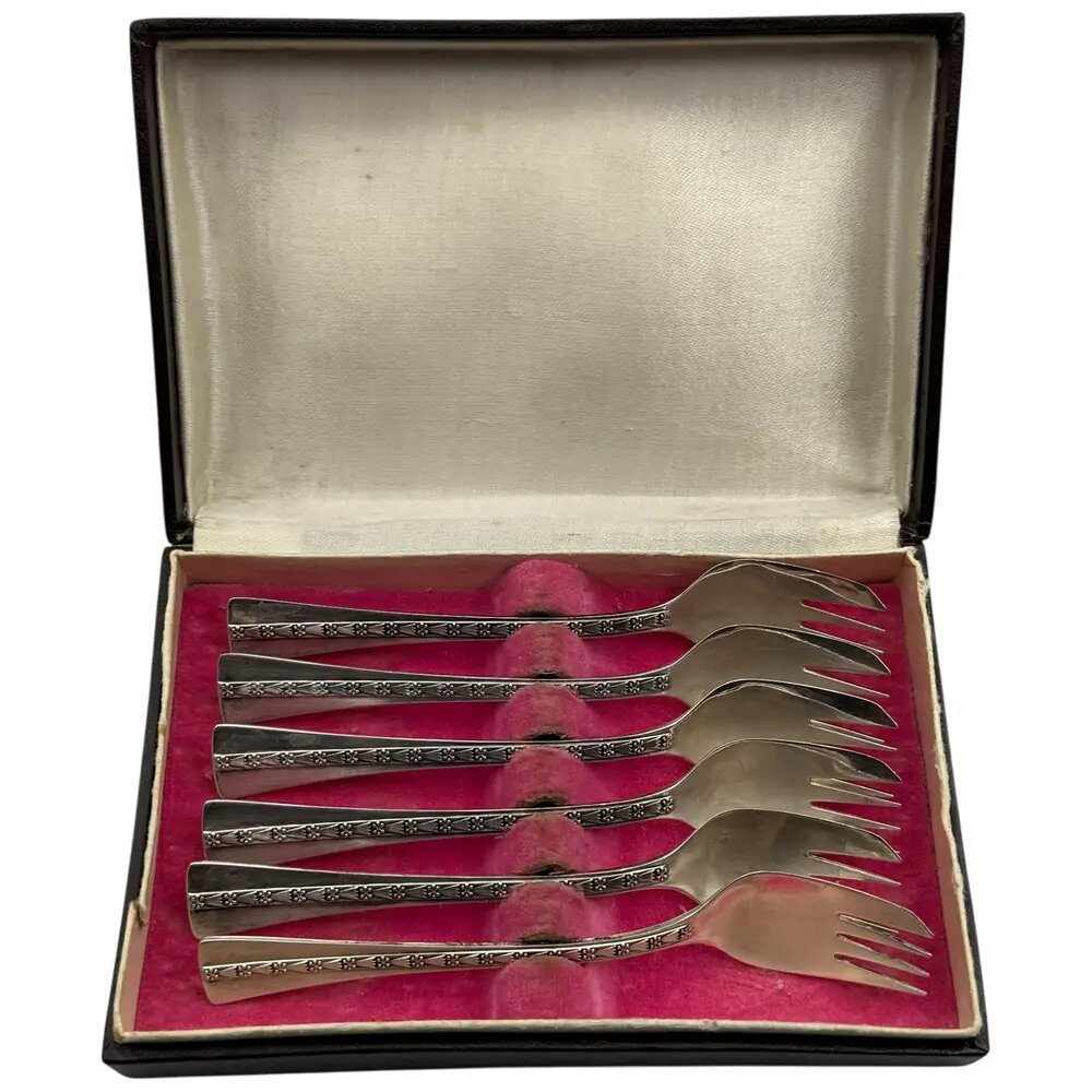 Вилка десертная "Централь" (набор 6 шт в коробке), серебро 0.916, 1TJ, 1971 г, Таллин, СССР