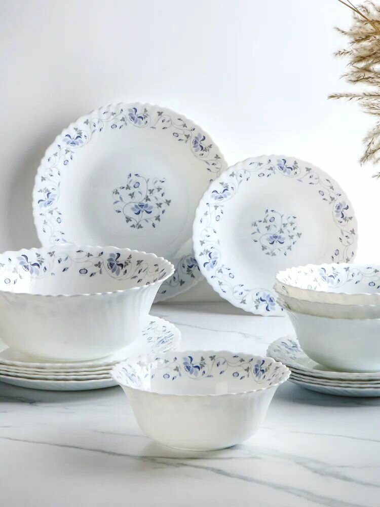 Набор Посуды. Современный Стеклокерамический Обеденный Столовый Сервиз Для 6 Персон Из 19 Предметов. Тарелки, Салатники, Суповые Пиалы. Для Первых, Вторых Блюд, Салатов и Десертов.