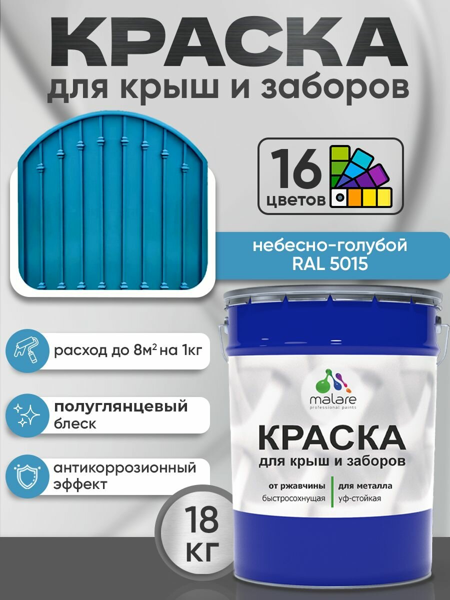 Краска по металлу Malare для крыш и заборов по ржавчине, для наружных работ, быстросохнущая износостойкая RAL 5015 небесно-голубой, глянцевая, 18 кг