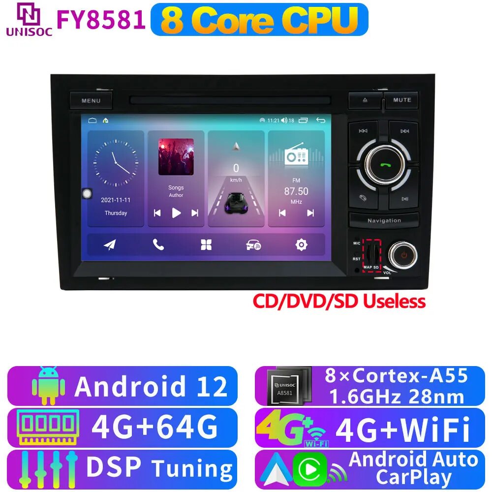 Автомагнитола на Android 13, 12 Гб + 256 ГБ, DVD, видео плеер, GPS, стерео для Audi A4 B6 B7 8E 2002-2008 CarPlay DSP аудио Bluetooth Авторадио 8581 4G 64G