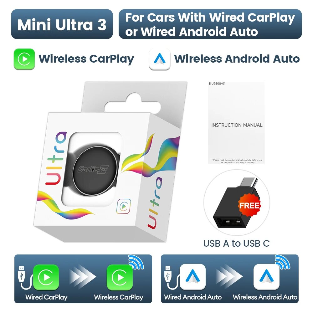 Беспроводной адаптер Mini Ultra CarlinKit 5.0 для CarPlay и Android Auto для автомобилей с заводской системой, подключение по Wi-Fi и Bluetooth, функция Plug & Play Mini Ultra 3