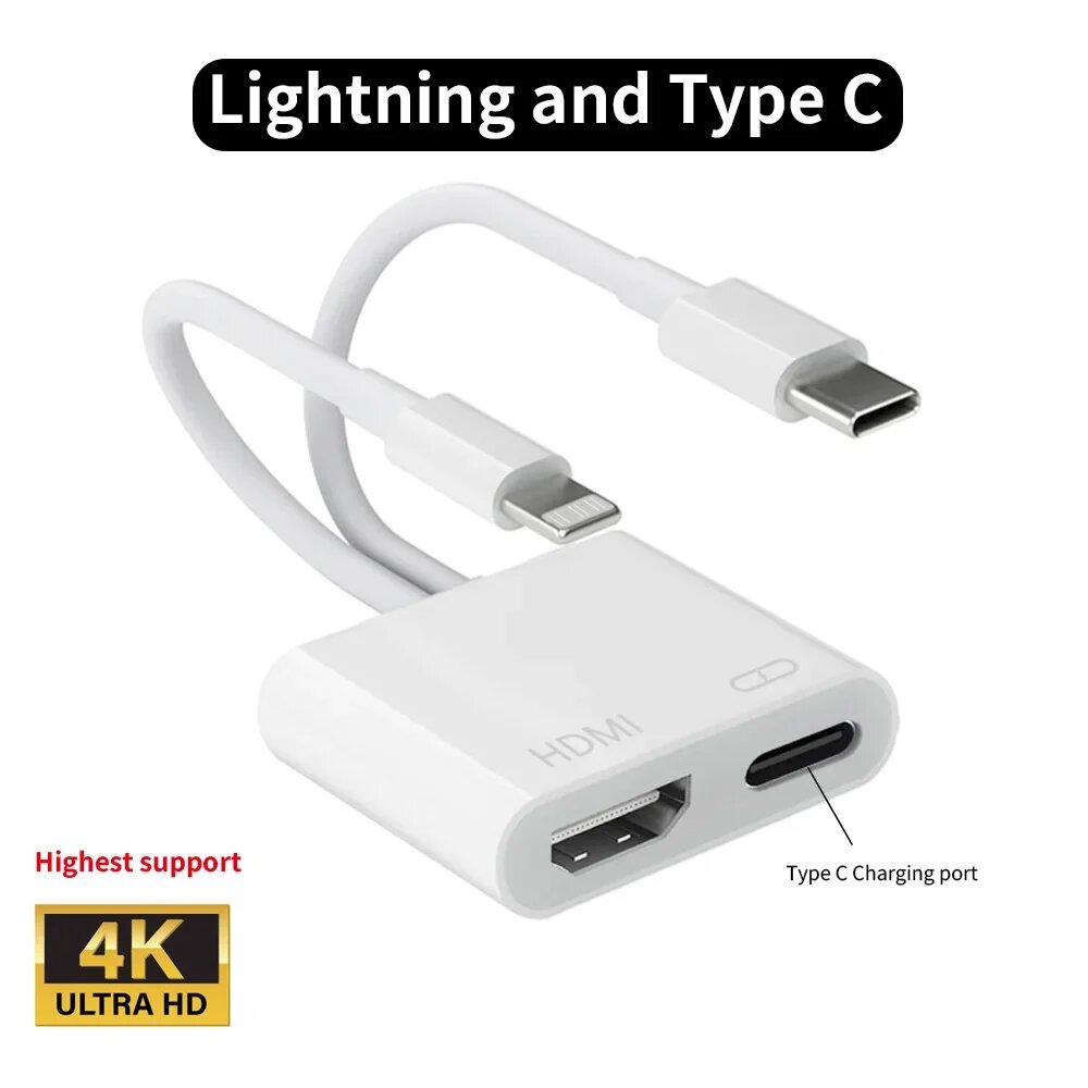 Адаптер Lightning/Tipo C USB C Digital AV HDMI 4K @ 60 Гц для iPhone 16 15 14 13 12 11 Pro Max XS XR 8 для монитора белый