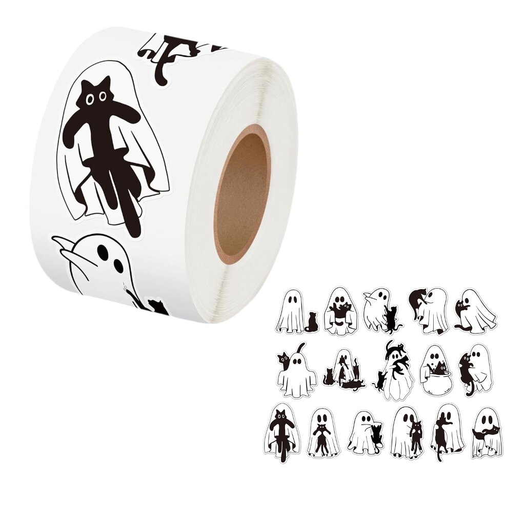 2 рулона наклеек с изображением призрака Хэллоуина, держащего кошку