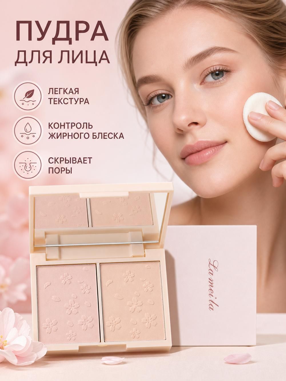 Компактная пудра для лица двойная, оттенок 01 Слоновая кость + Светлая кожа (7.5 см)