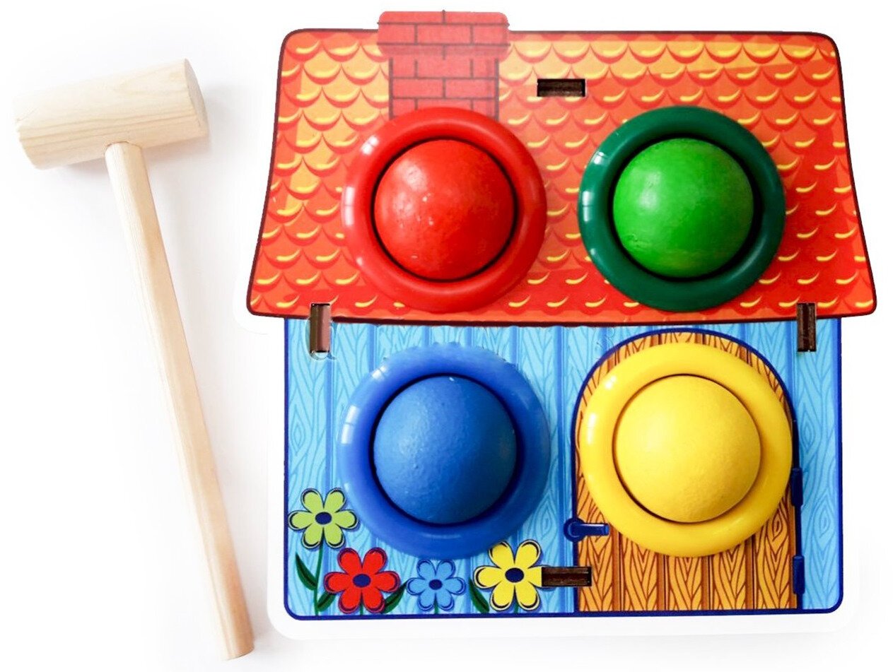 Развивающая игра-сортер "Домик", деревянная игрушка для малышей, стучалка с молотком и цветными шариками