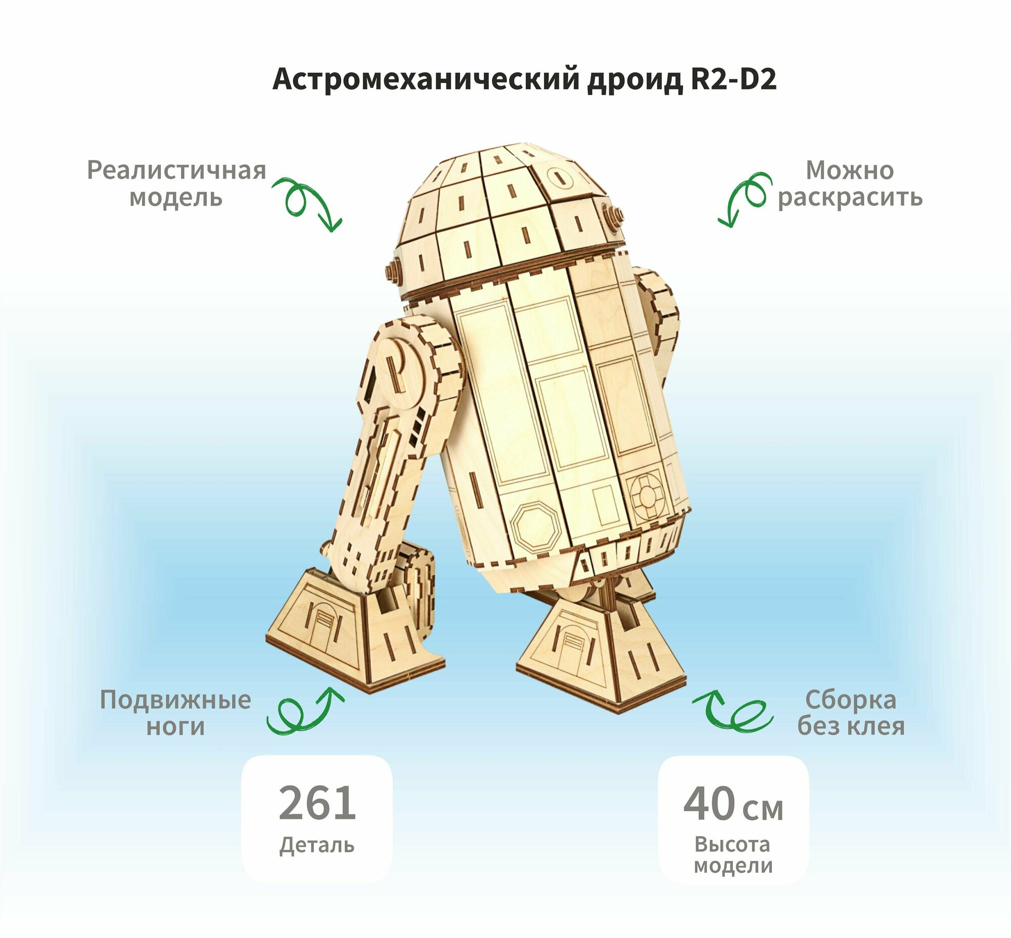 Деревянный конструктор сборная модель 3D Звездные воины Робот Астромеханический дроид R2D2, 261 дет.