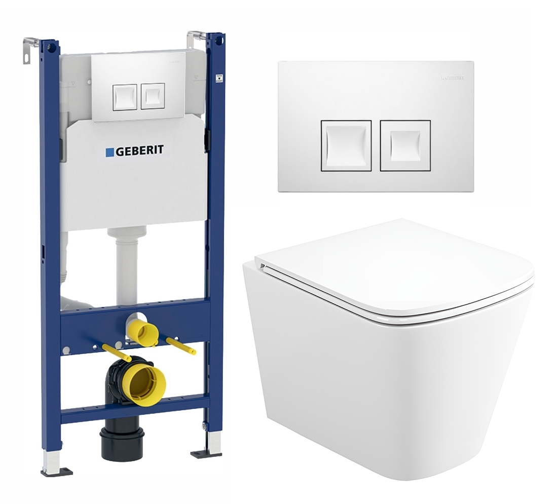 Комплект 3 в 1 инсталляция Geberit Duofix + Унитаз подвесной Enio Binario Tornado 1.0 + кнопка белая квадраты