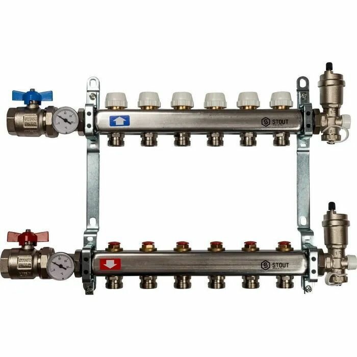 Коллектор STOUT с запорными клапанами, в сборе без расходомеров, 6 вых.