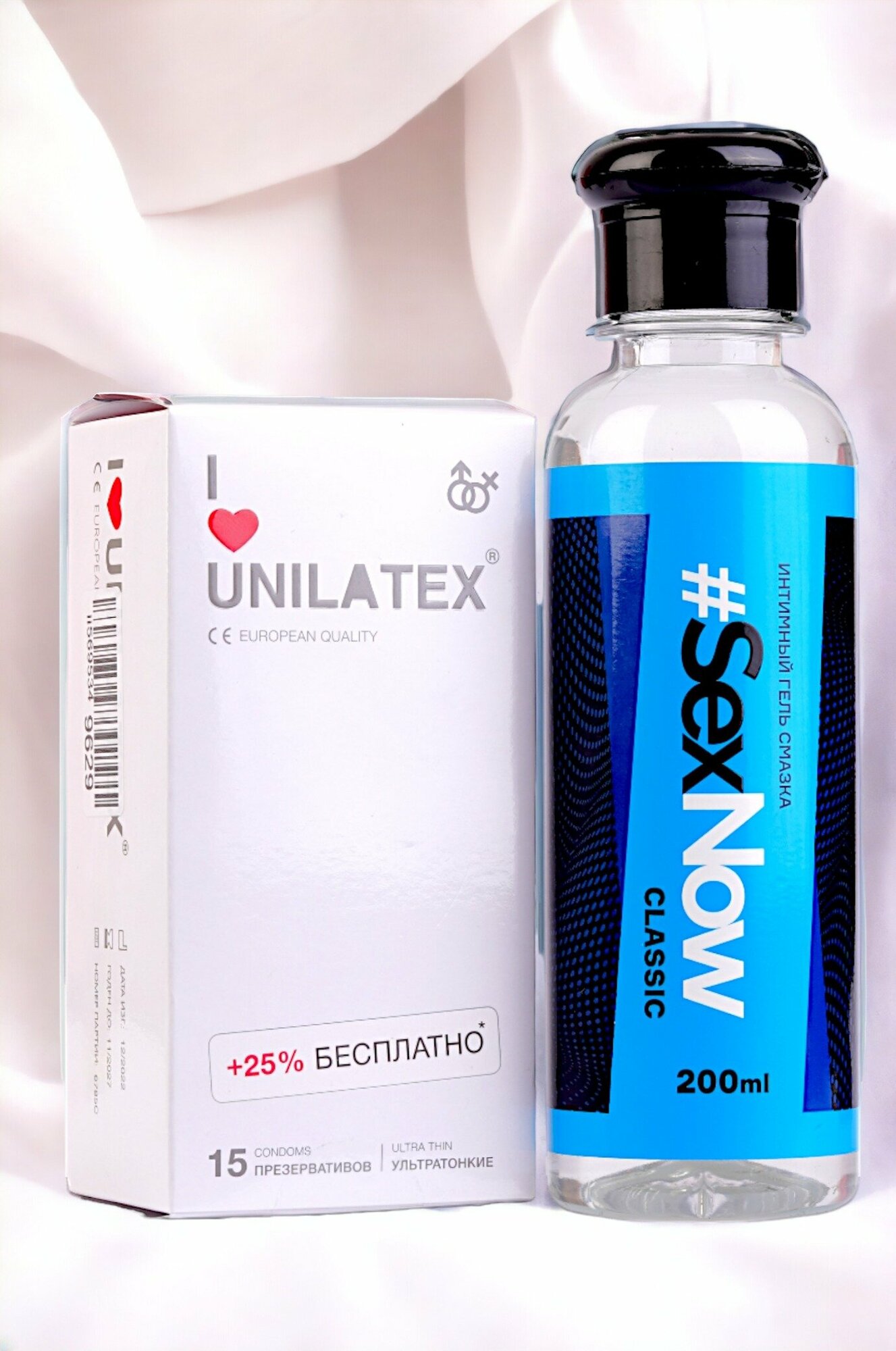 Набор презервативы ультратонкие Unilatex Ultrathin 12+3 шт и гель лубрикант SexNow Classic 200 мл / смазка для интимного применения на водной основе