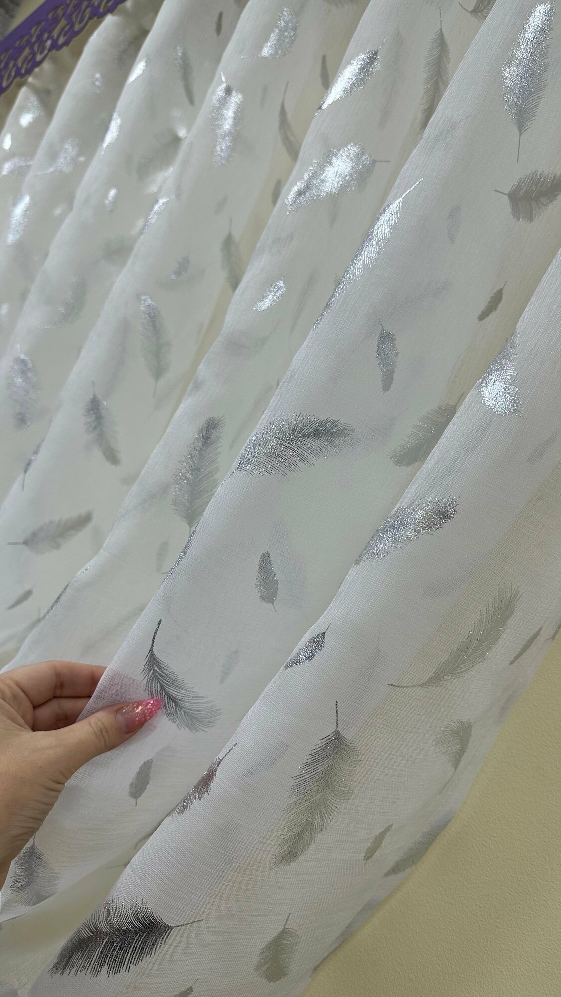 Льняной тюль перышки серебро, ширина 3м, высота 2,7м
