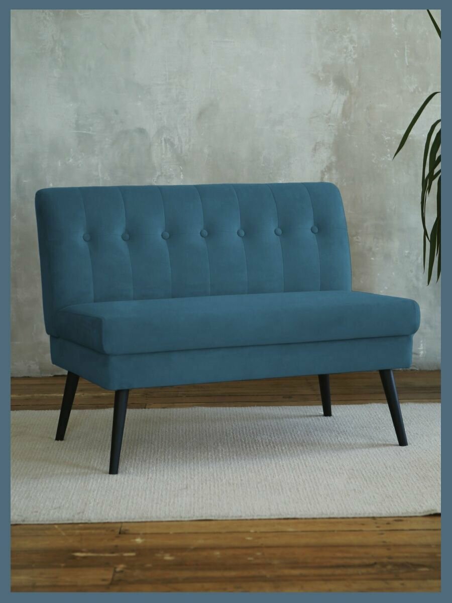 Диван офисный голубой на ножках мягкий на кухню прямой