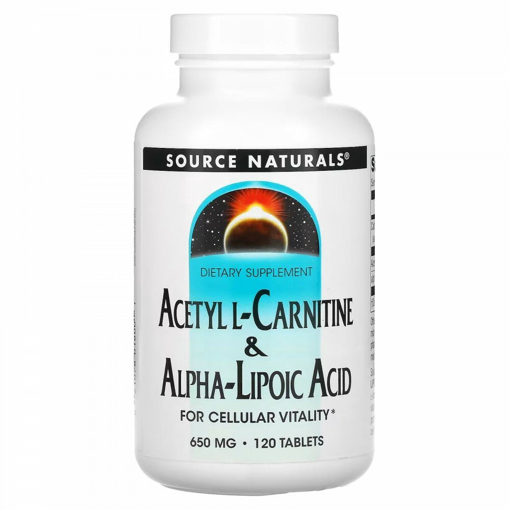 Source Naturals, Ацетил L-карнитин и альфа-липоевая кислота, 650 мг, 120 таблеток
