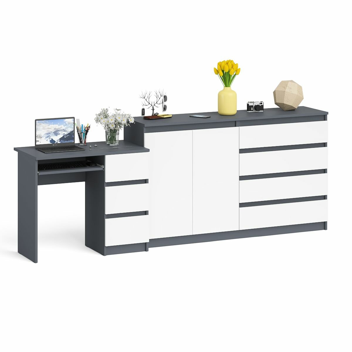 Комод-тумба СВК Мори МК11600 4 ящика и дверки со столом МС-6 тумба справа графит/белый
