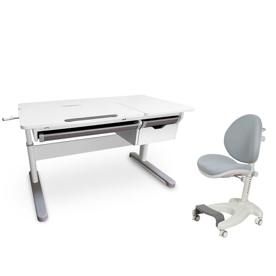 Комплект парта FUNDESK Grande + кресло FUNDESK Cielo, серый, выдвижные ящики