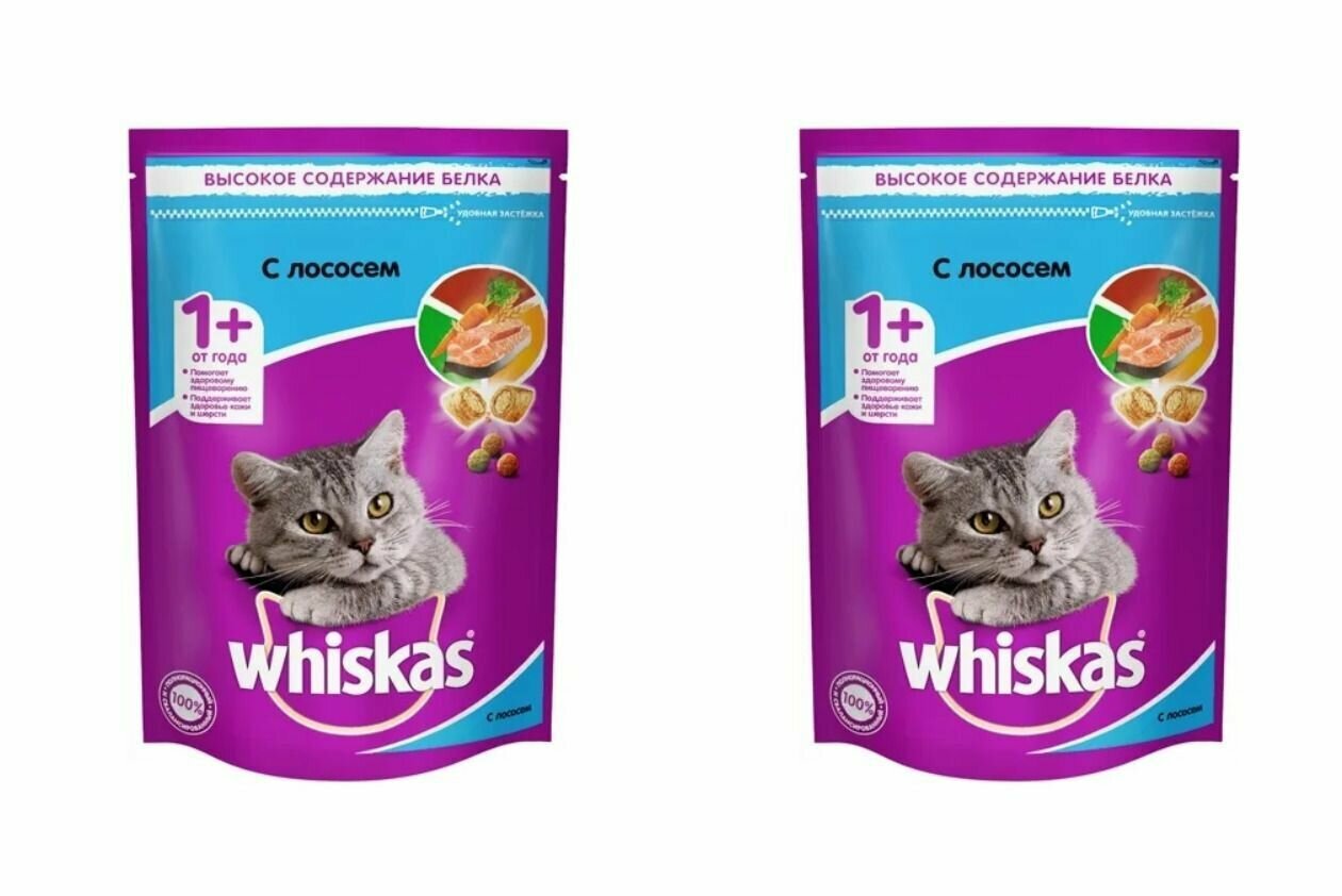 Whiskas Корм сухой для кошек подушечки паштет Лосось, 350 г, 2 штуки