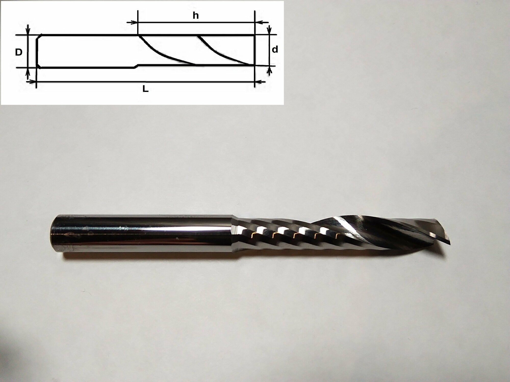 Фреза спиральная однозаходная по акрилу YKL 632, d-6.0/ h-32/ D-6/ L-60. A series для ЧПУ станка