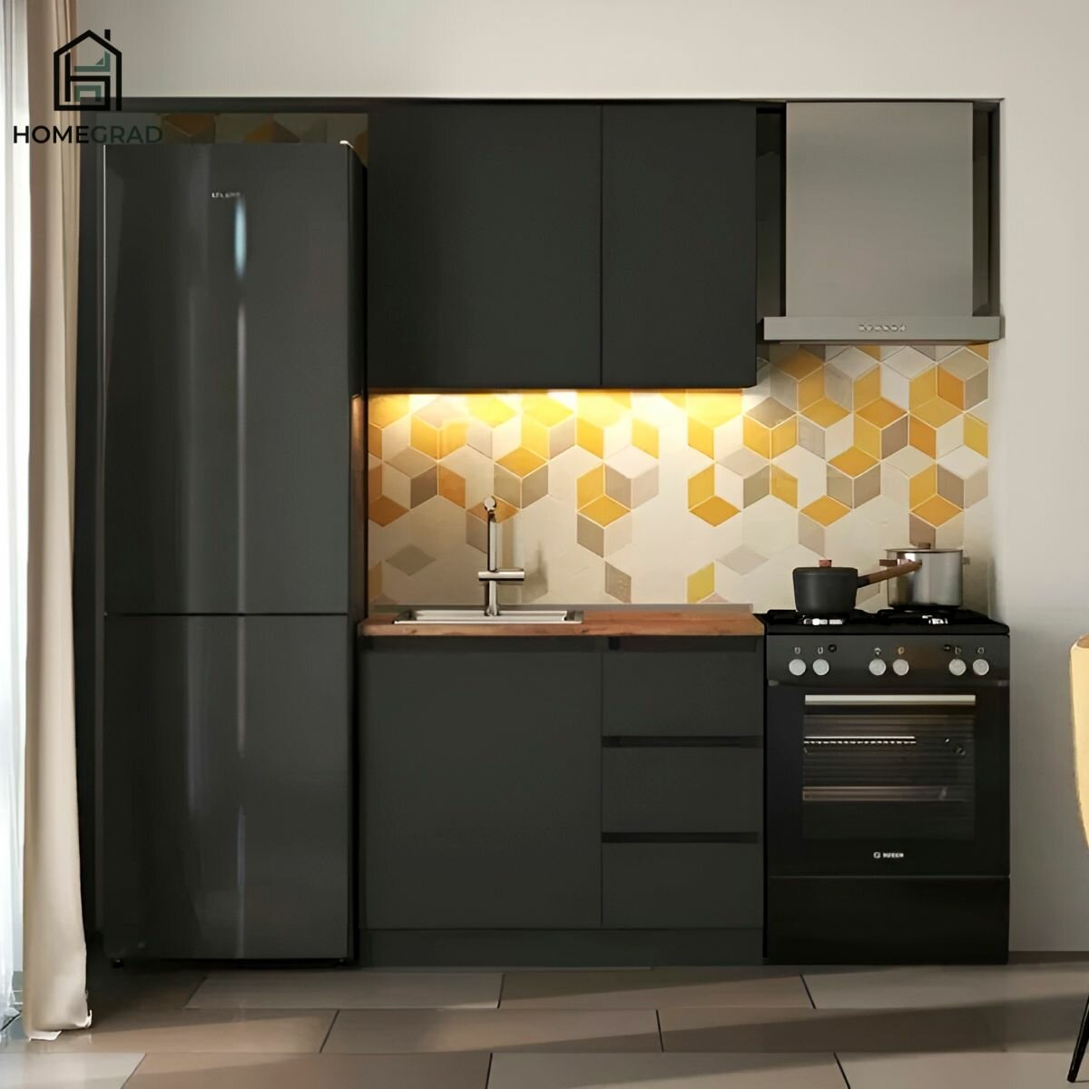 Кухня ML 1 метр, HomeGrad, шариковые направляющие, Графит, столешница Дуб Вотан