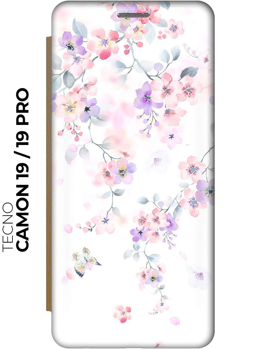 Чехол-книжка на Tecno Camon 19 / 19 Pro / Техно Камон 19 / 19 Про с рисунком "Акварельные цветы вишни" золотой