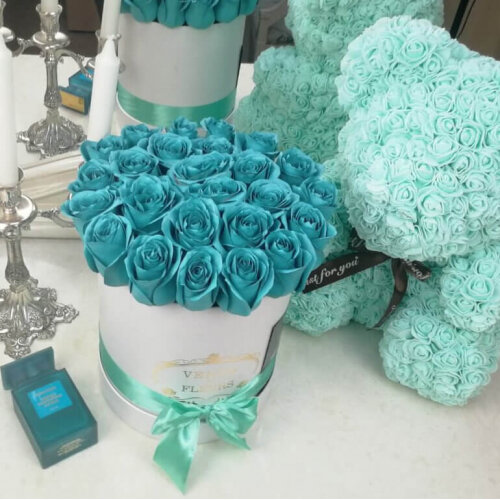 Букет "Венера в цветах", розы, бирюзовый, 29 штук, в коробке