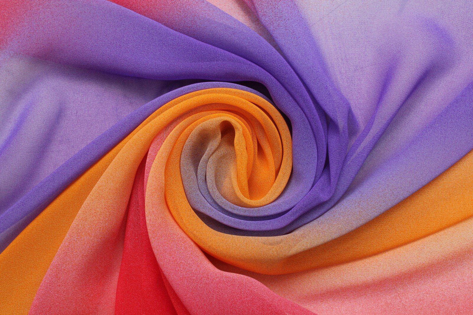 Ткань Шифон с переходом тона по диагонали фиолетово-жёлтый-красный, ш140см, 0,5 м