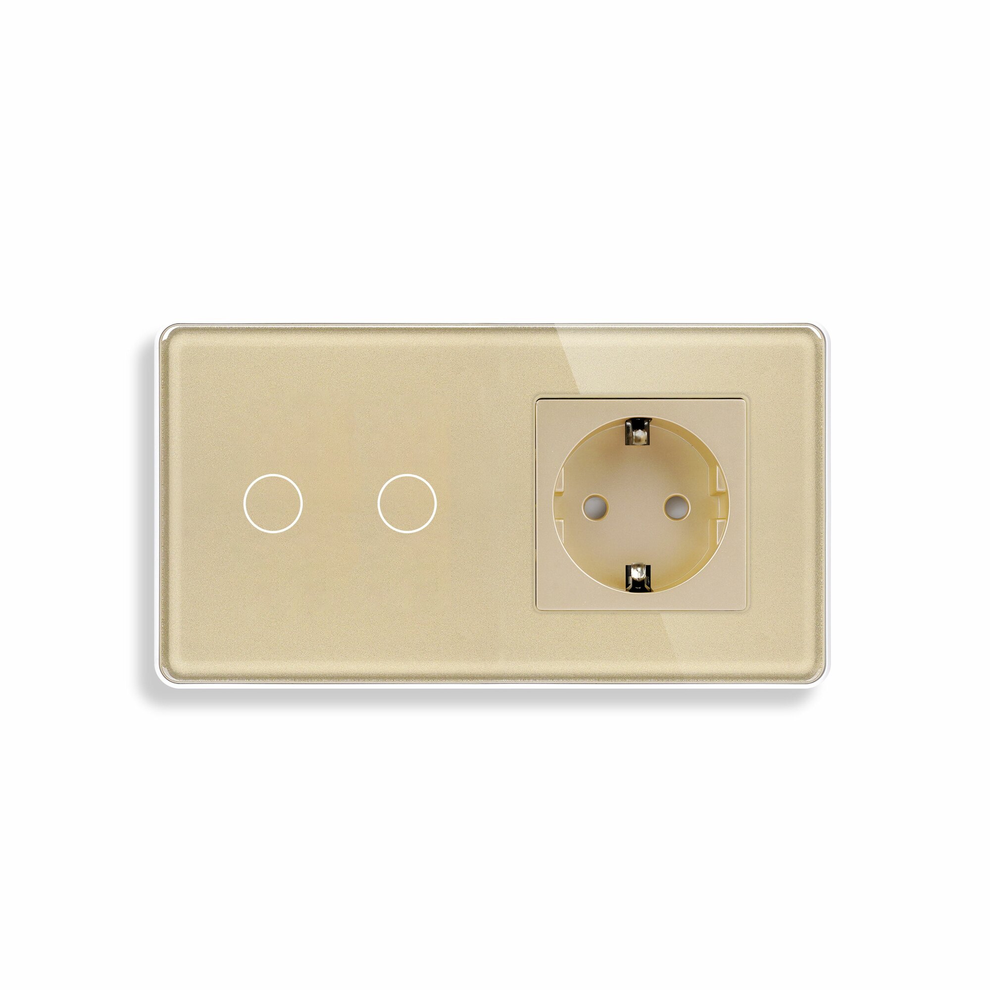 Сенсорный выключатель с розеткой 2кл. 1 розетка, 2 поста (2G+1EU) стекло 2.5D 157х86мм цвет золотой