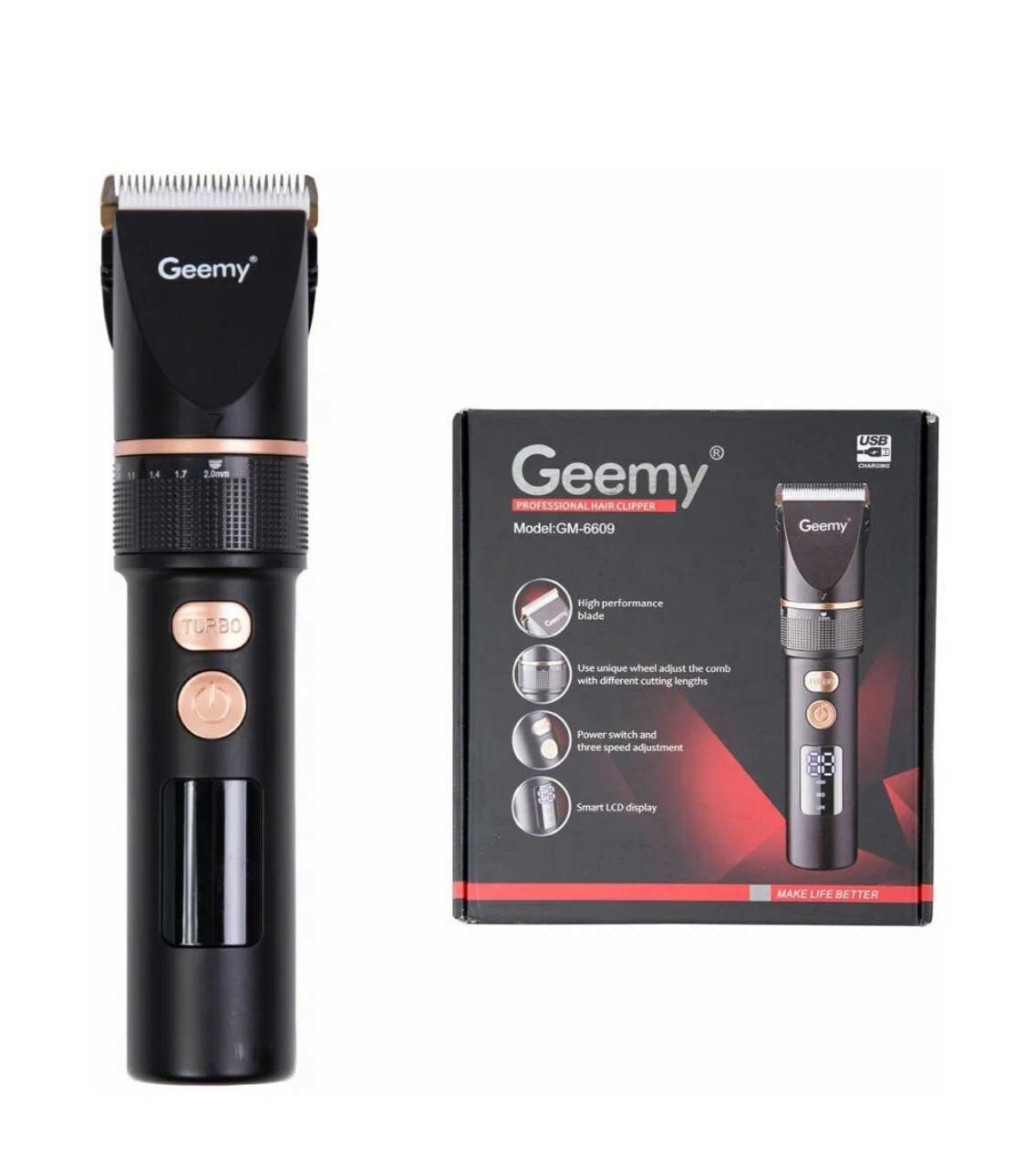 Аккумуляторная машинка для стрижки волос/триммер Geemy, 4 насадки, дисплей, USB зарядка, щеточка для очистки лезвий, нержавеющая сталь