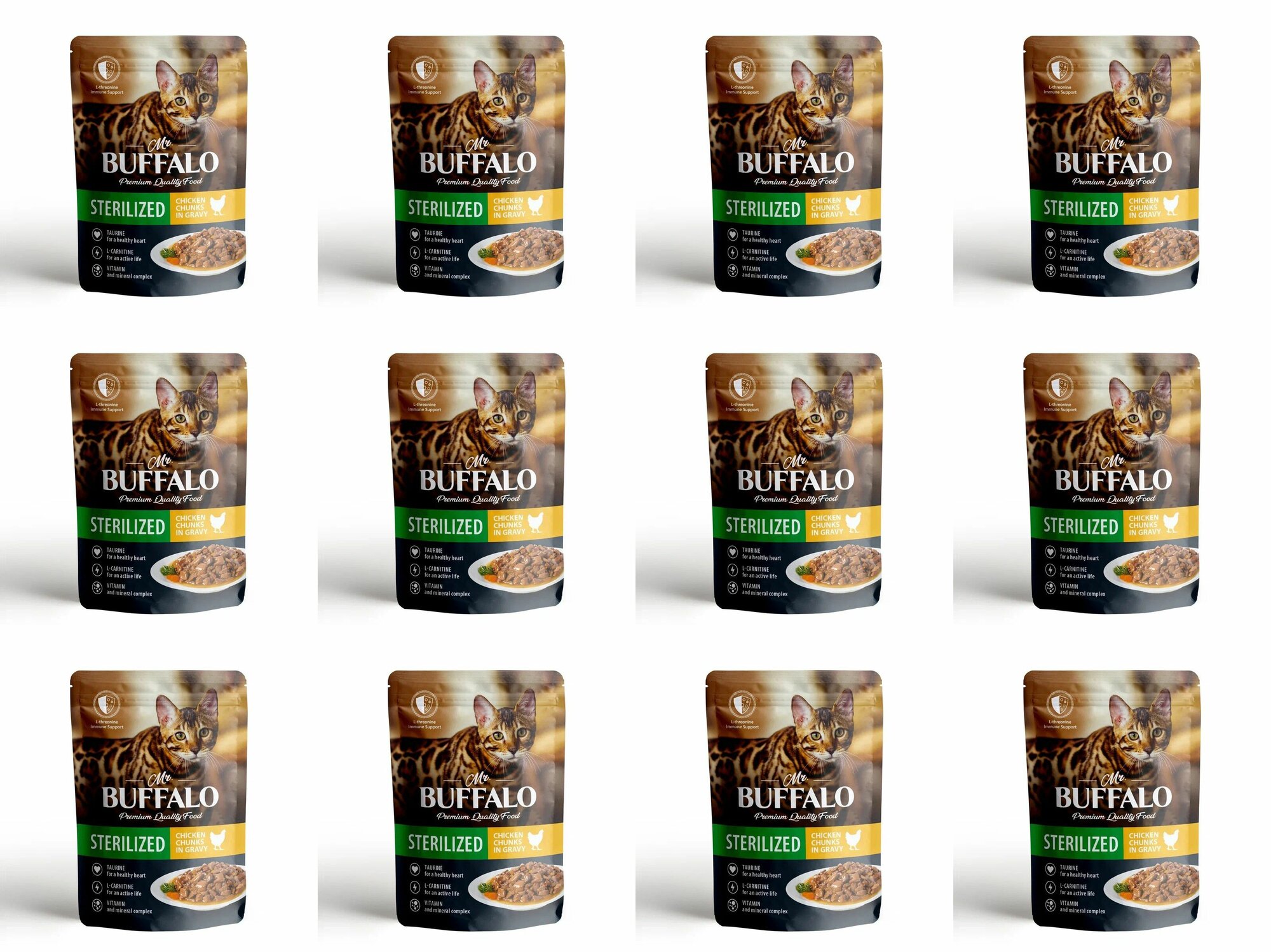 Mr.Buffalo Sterilized Влажный корм для стерилизованных котов и кошек, цыпленок в соусе, пауч, 85 г, 12 уп.