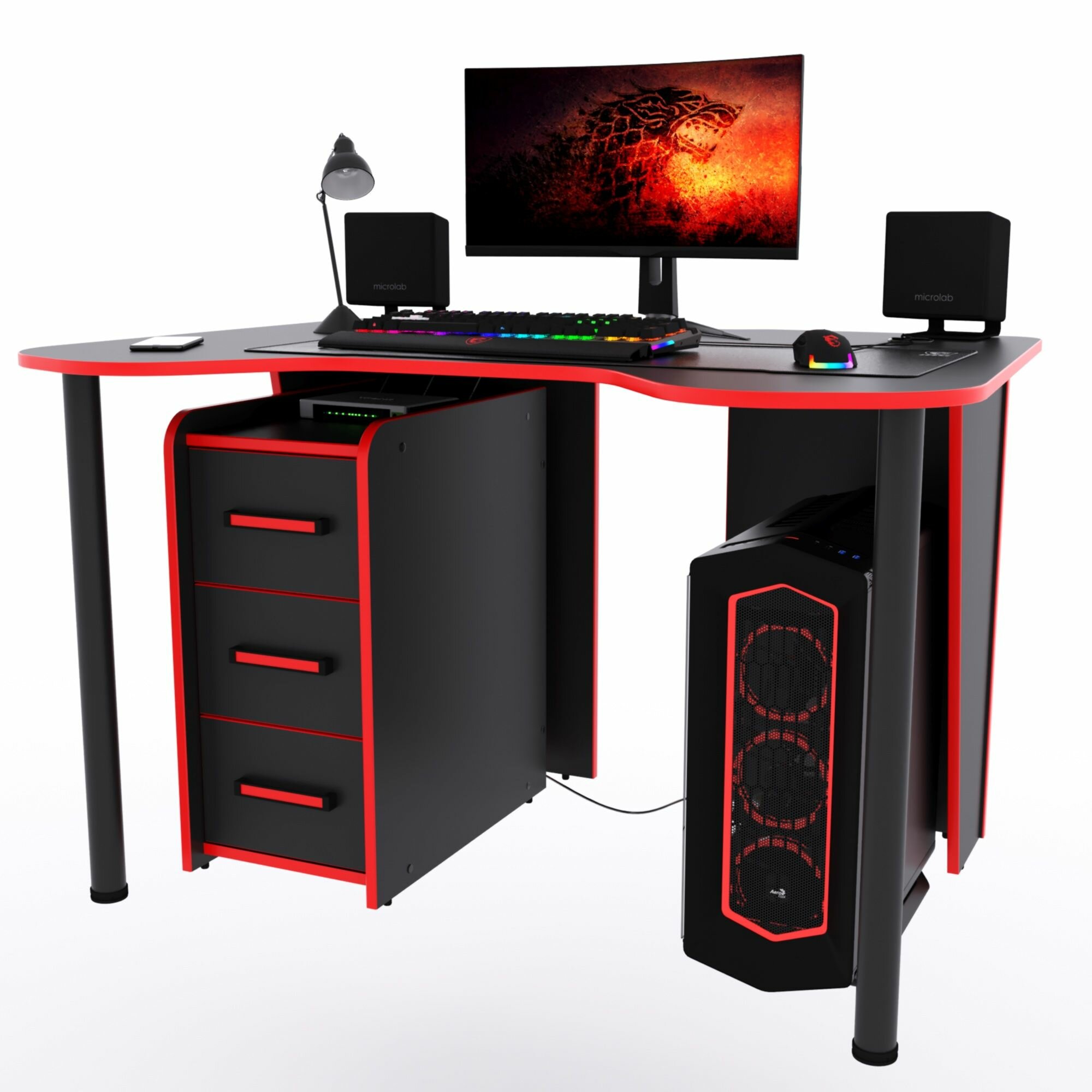 Игровой компьютерный стол "Старк" с тумбой, 140x90x75 см, чёрный с красной кромкой