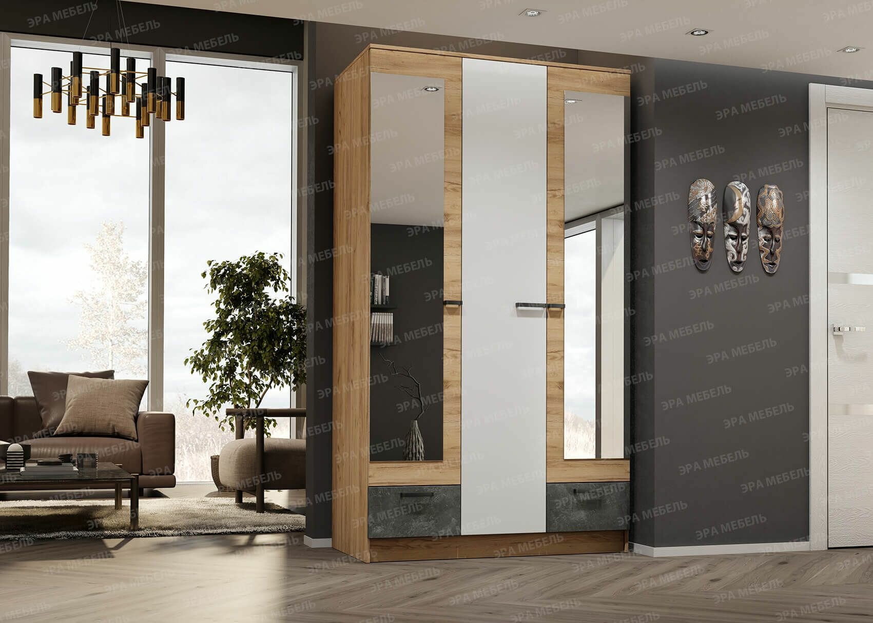 Шкаф для одежды Эра "Адель", 3-дверный, с зеркалом, дуб вотан, белый гладкий